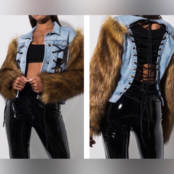 Azalea Wang | Jackets & Coats | Azalea Wang Host Pick Faux Fur Lace Up Denim Jacket | Poshmark